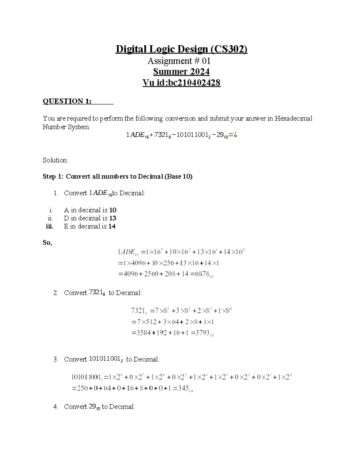 Cs302(bc210402428) - CS302 - Digital Logic Design (CS302) Assignment # 01 Summer 2024 Vu id:bc ...
