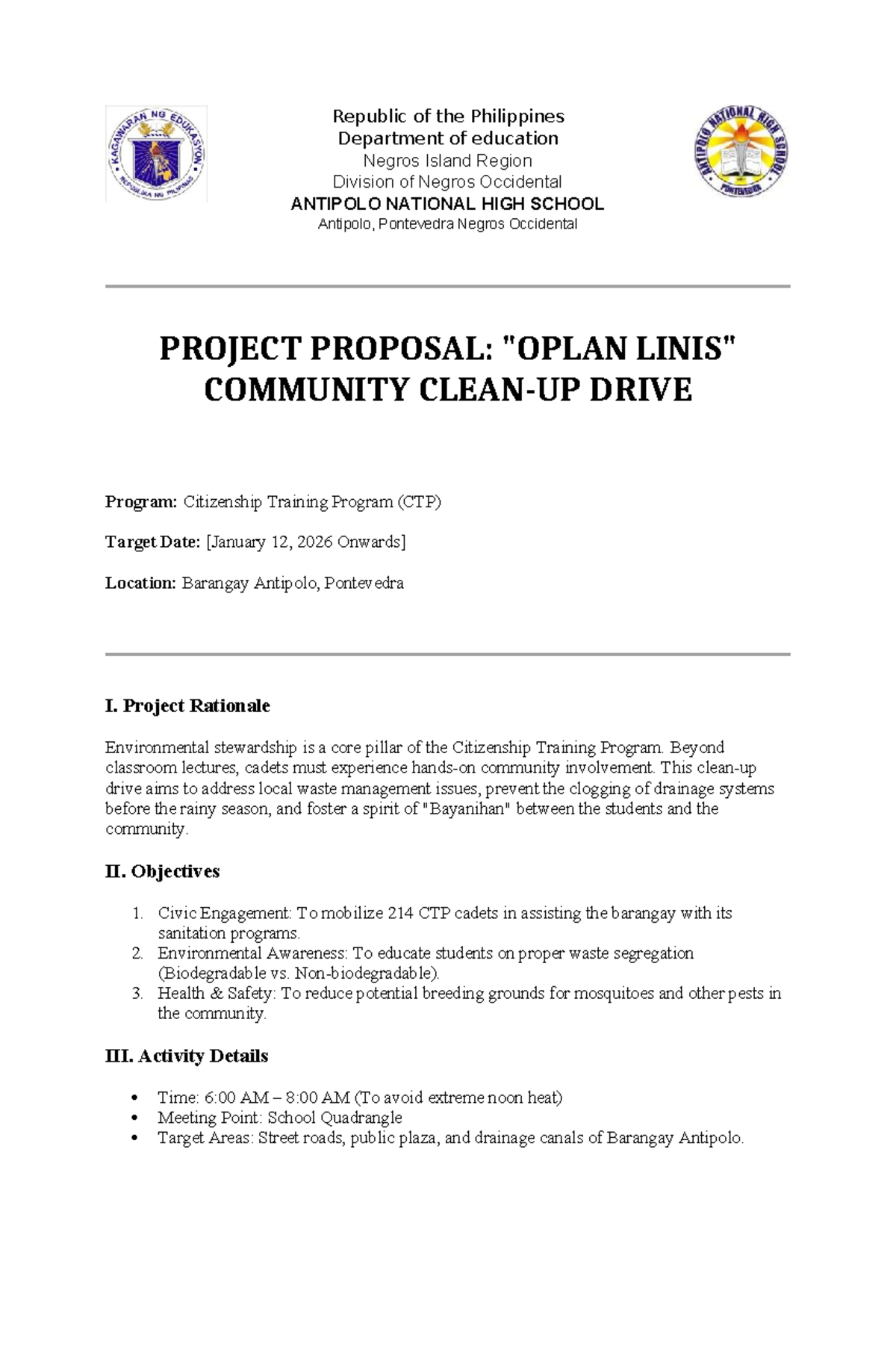 CTP Project Proposal: Community Clean-Up Drive in Antipolo - Studocu