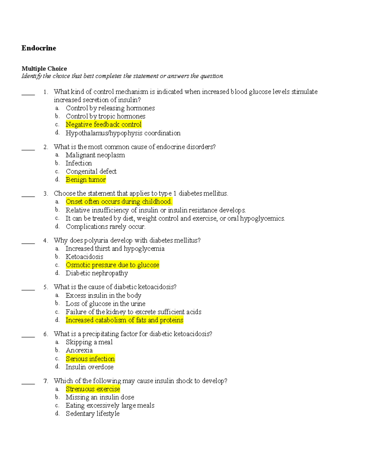 Endocrine - Endocrine Multiple Choice Identify the choice that best ...