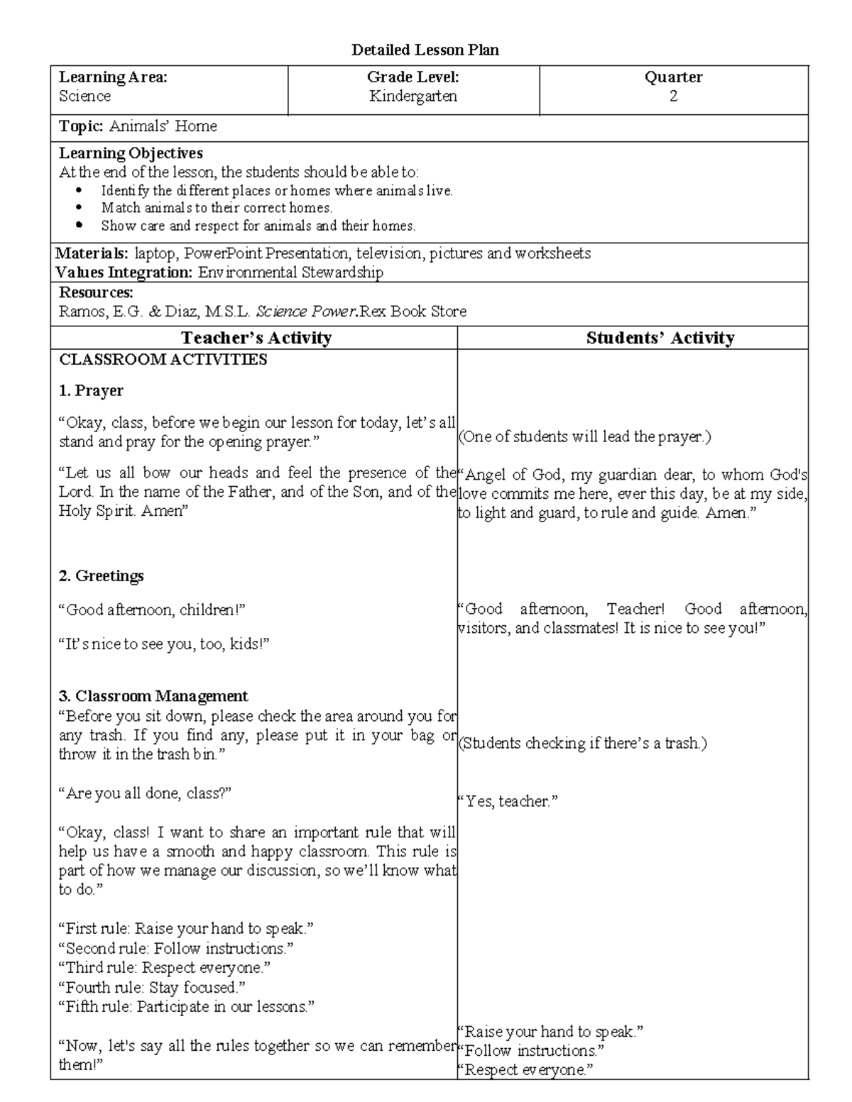 KINDERGARTEN SCIENCE LESSON PLAN: ANIMALS AND THEIR HOMES - Studocu