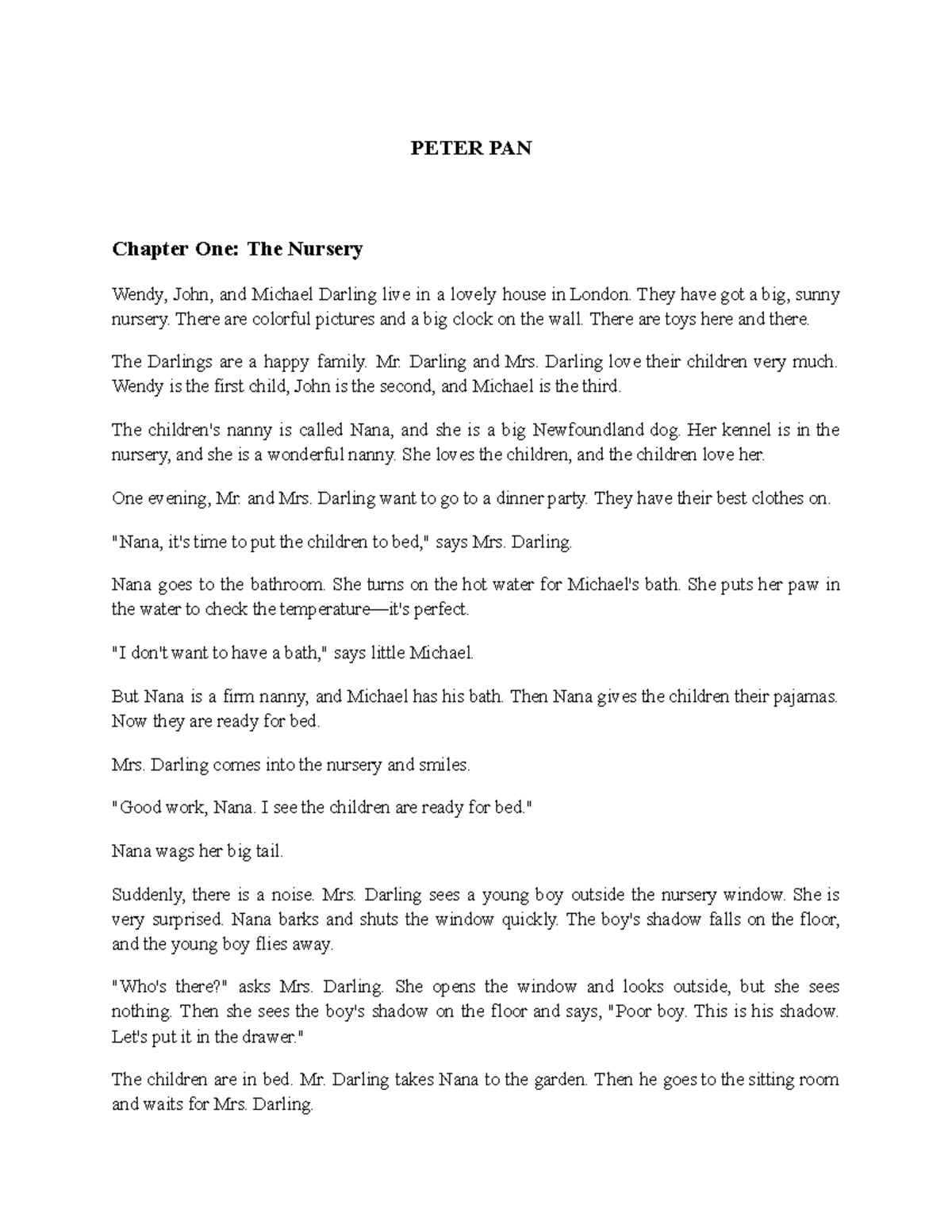 Peter PAN - PETER PAN Chapter One: The Nursery Wendy, John, and Michael ...