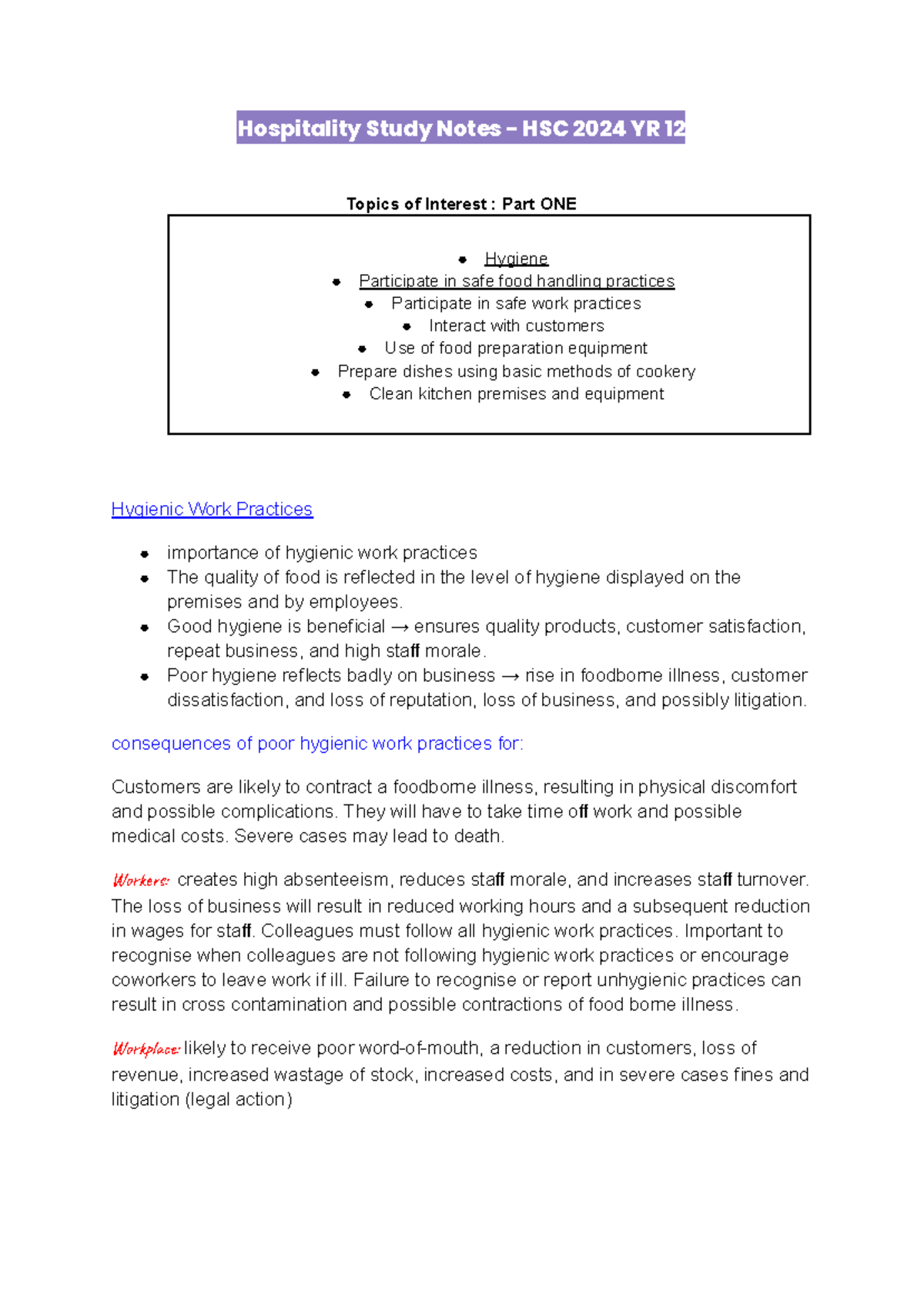 HSC 2024 YR 12 Hospitality Study Notes: Hygiene & Food Safety Practices ...