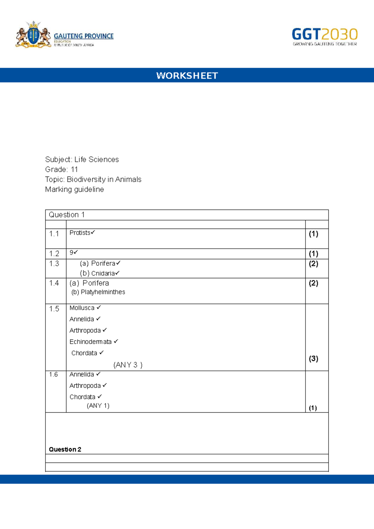 GR 11 Worksheet: Marking Guidelines for Biodiversity in Animals - Studocu