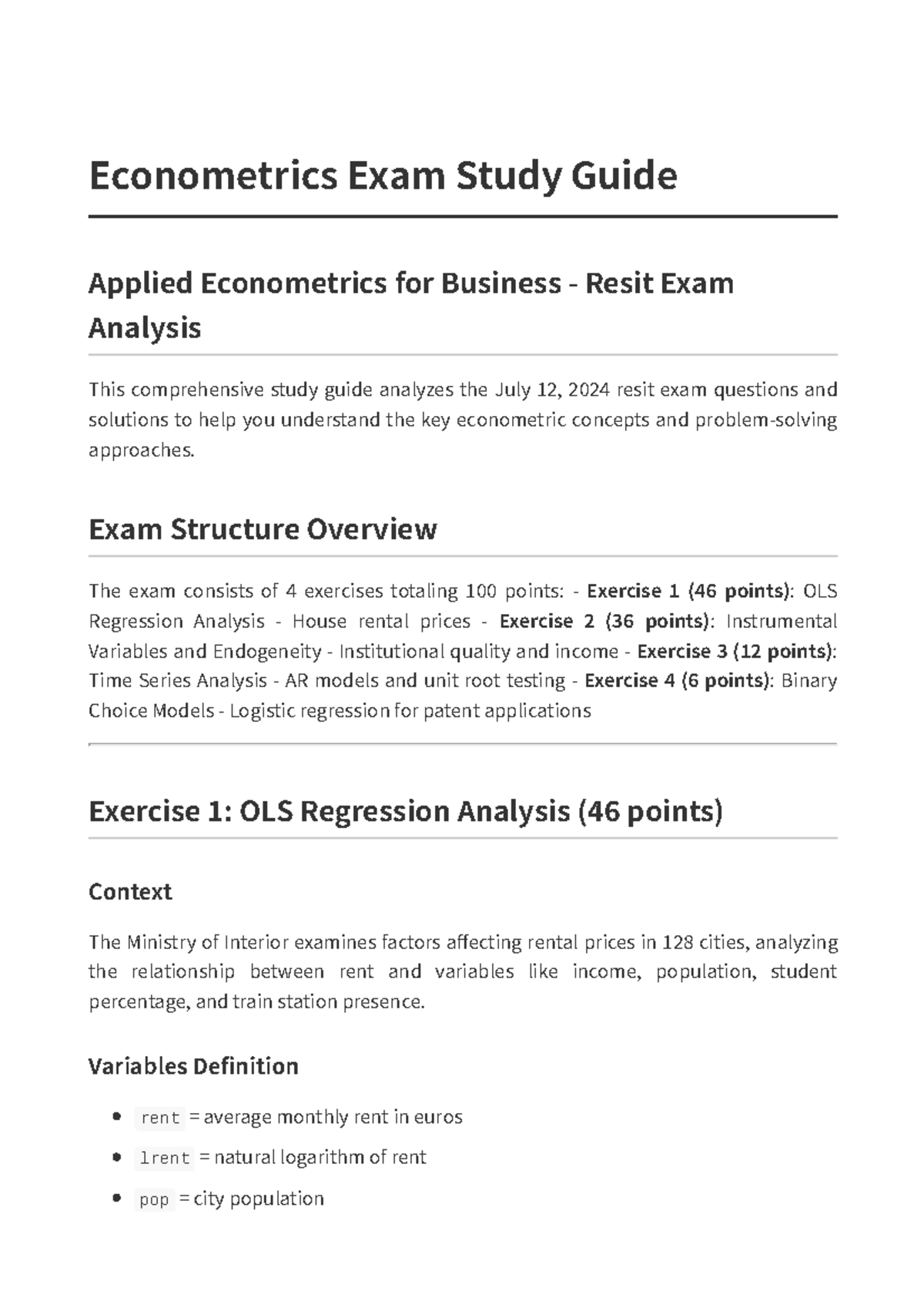 Econometrics Exam Study Guide: Applied Econometrics for Business Resit ...