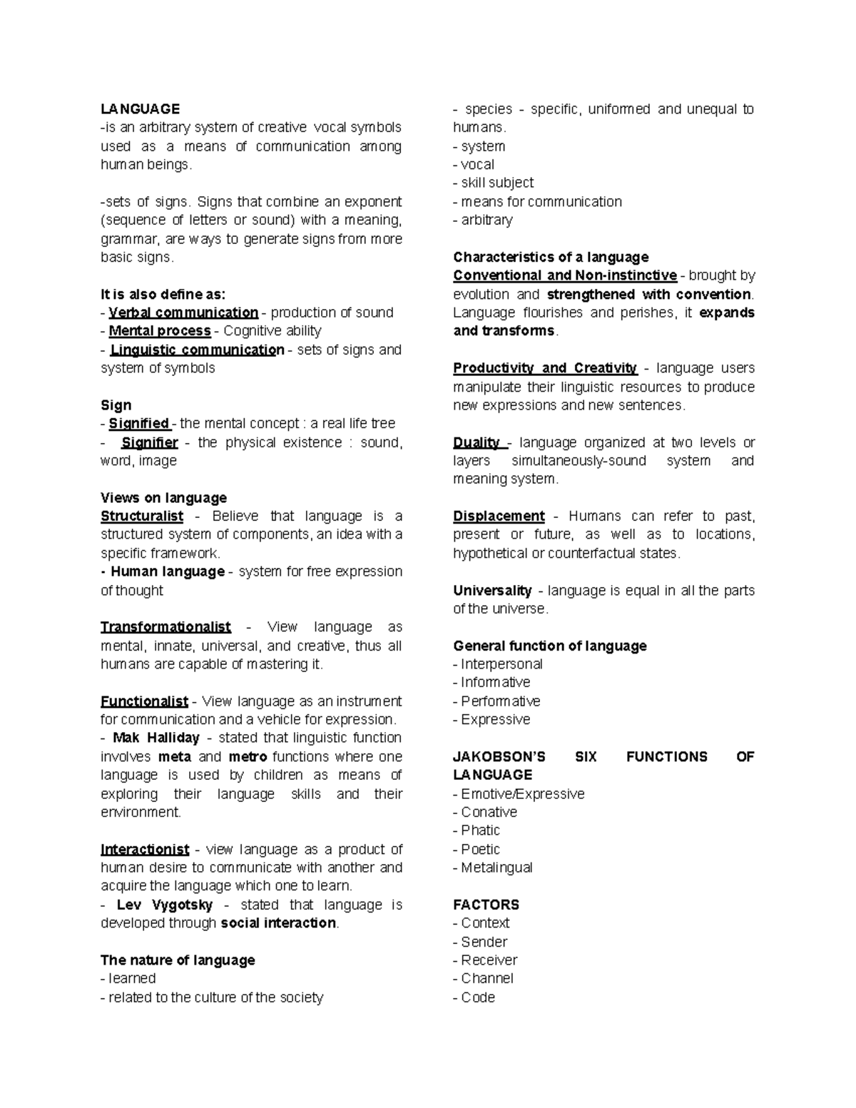 Linguistic Review: Understanding Language Theories and Functions - Studocu