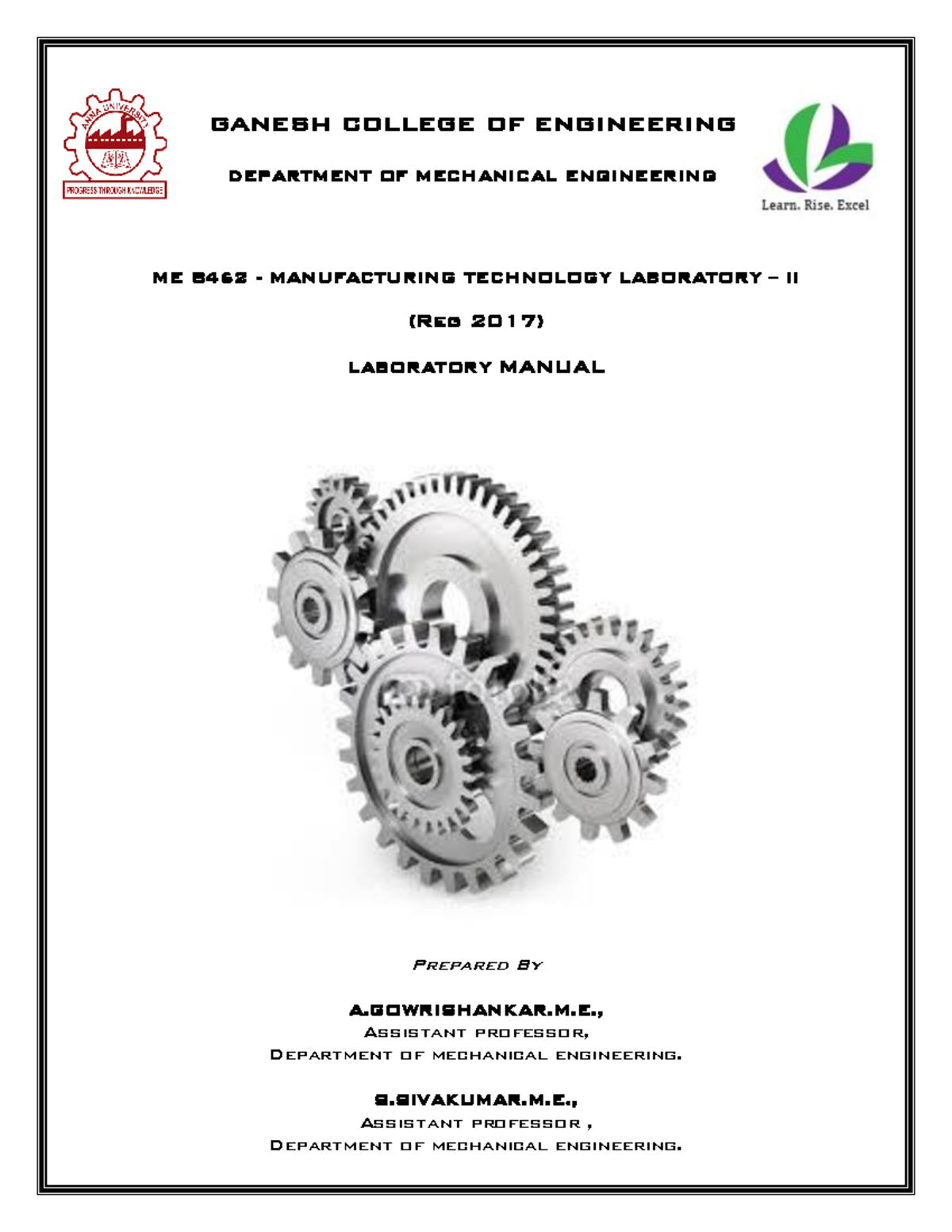 ME 8462 Manufacturing Technology Lab II Manual and Experiments Guide ...