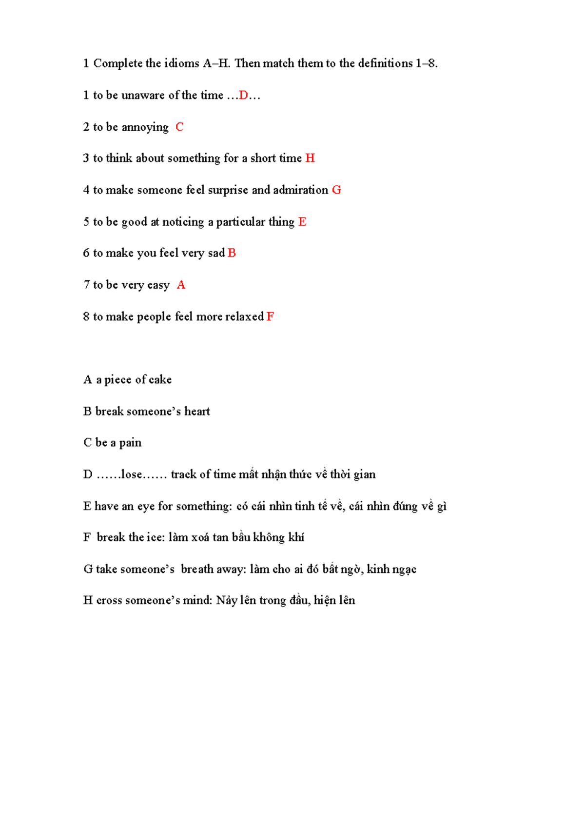 1 Complete the Idioms and Sentence Exercises for English Class - Studocu