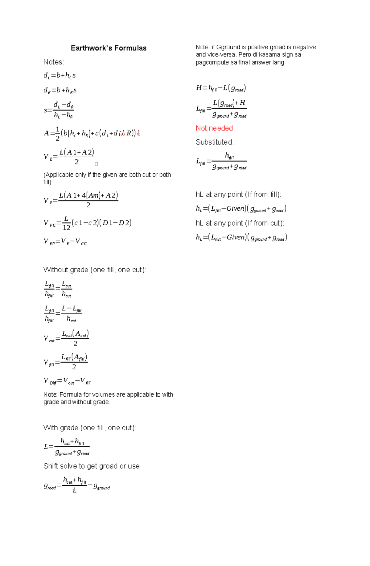 Earthworks Formulas and Calculations for [Course Code] - Studocu