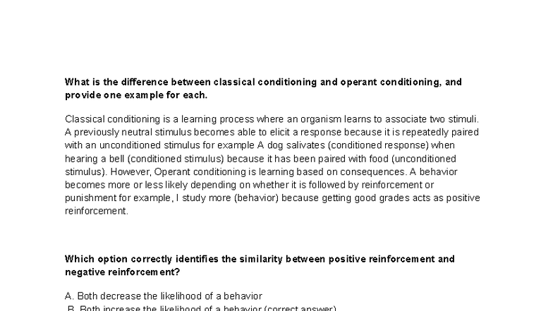 PSYC 100 - Classical vs. Operant Conditioning Explained - Studocu