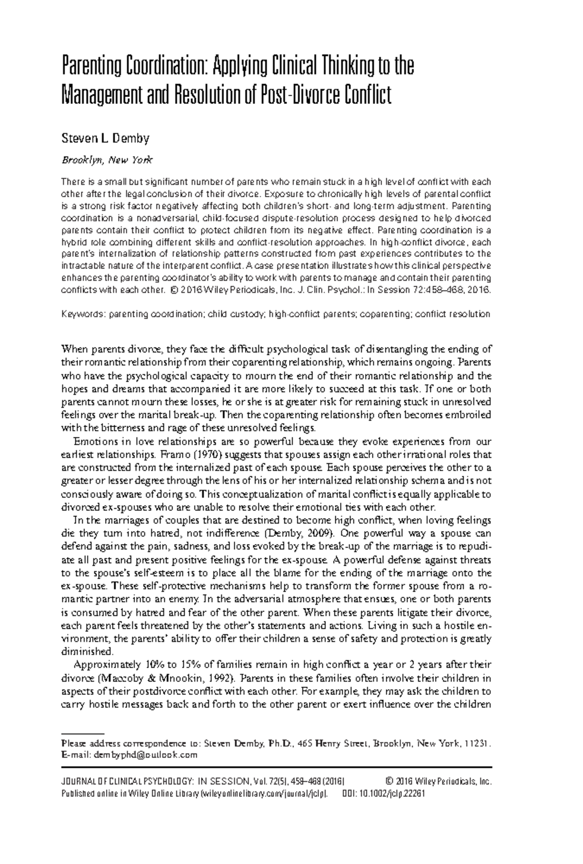 Demby 2016 - qqqqqq - Parenting Coordination: Applying Clinical ...