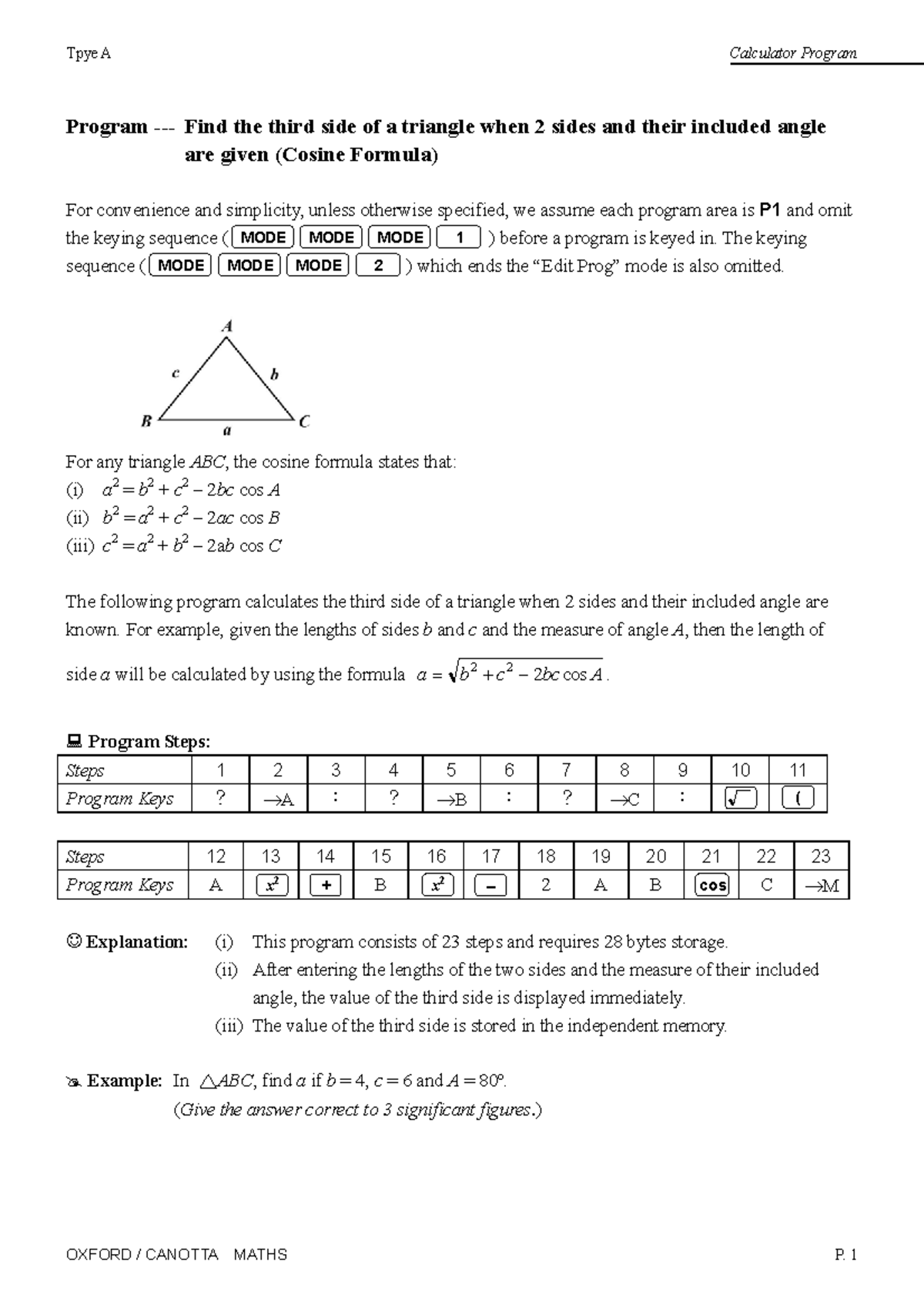 NCM(2nd)CAL 5B09 Cosine Formula Program for Triangle Sides - Studocu
