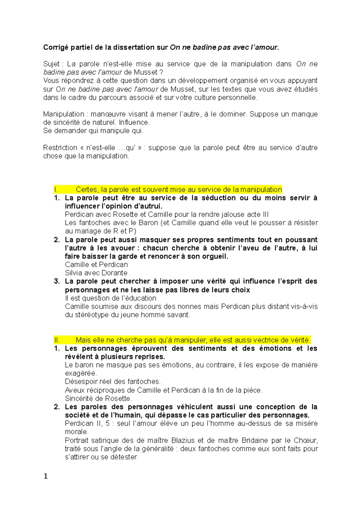 Corrigé de la Dissertation sur la Manipulation dans On ne badine pas avec Musset - Studocu