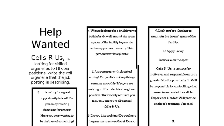 Help Wanted: Skilled Organelles Needed for Cell Positions - Studocu