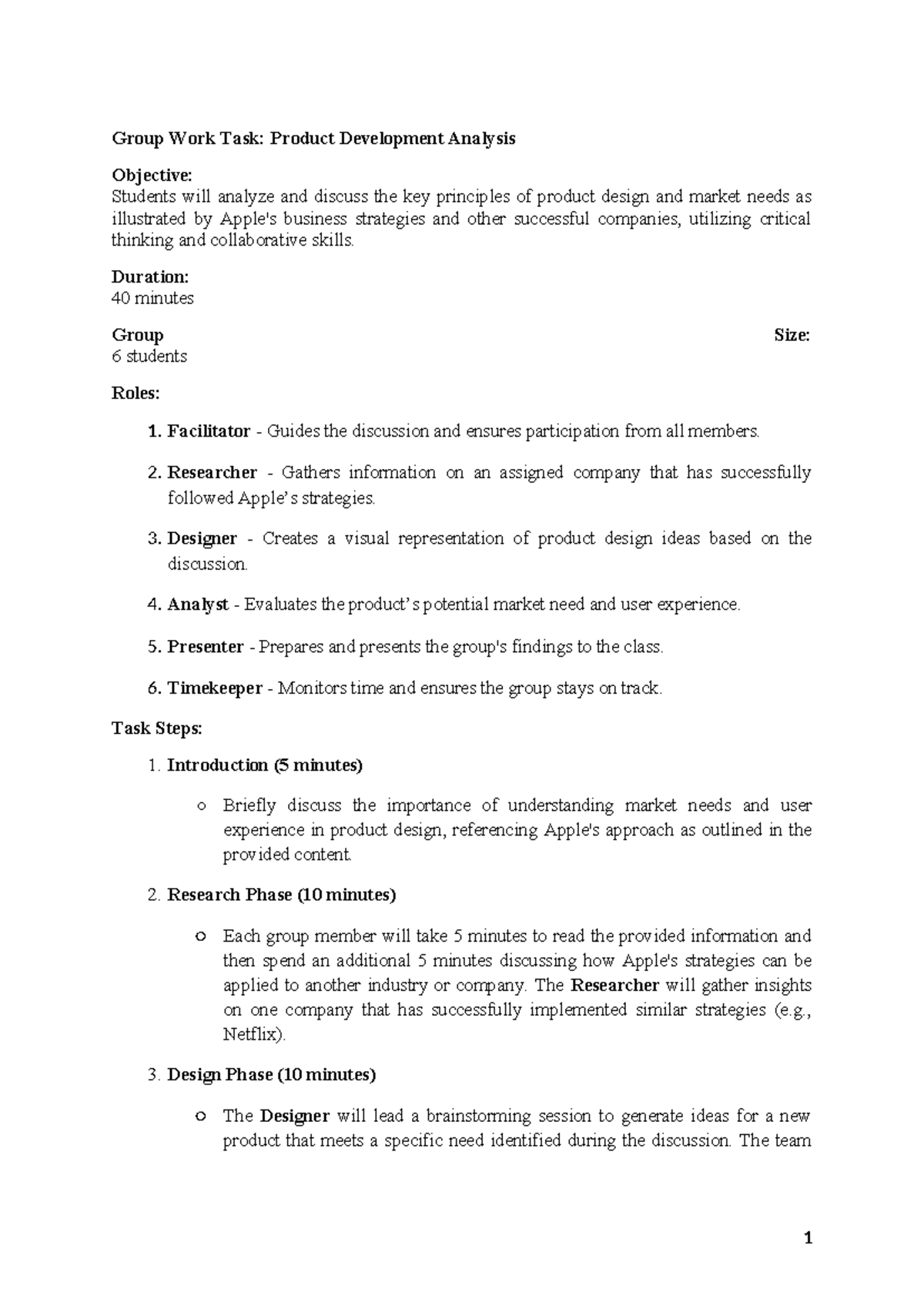 Group Work Task: Product Development & Market Need Analysis - Studocu
