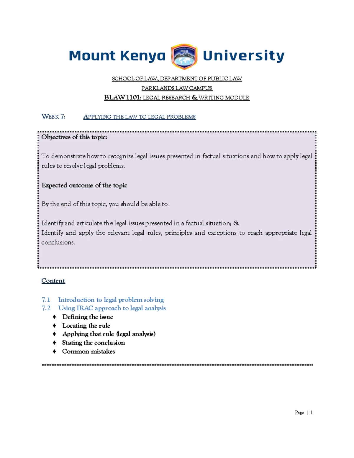 THE Kenyan Legal System - KENYATTA UNIVERSITY SCHOOL OF LAW LPR 104 ...