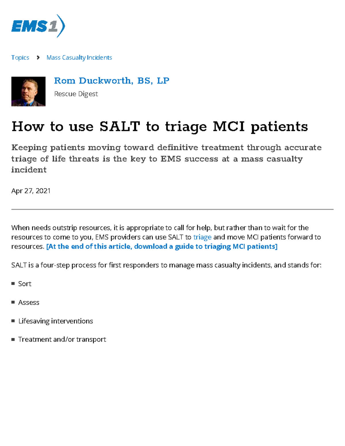 SALT Triage for Mass Casualty Incidents: A Guide for EMS - Studocu