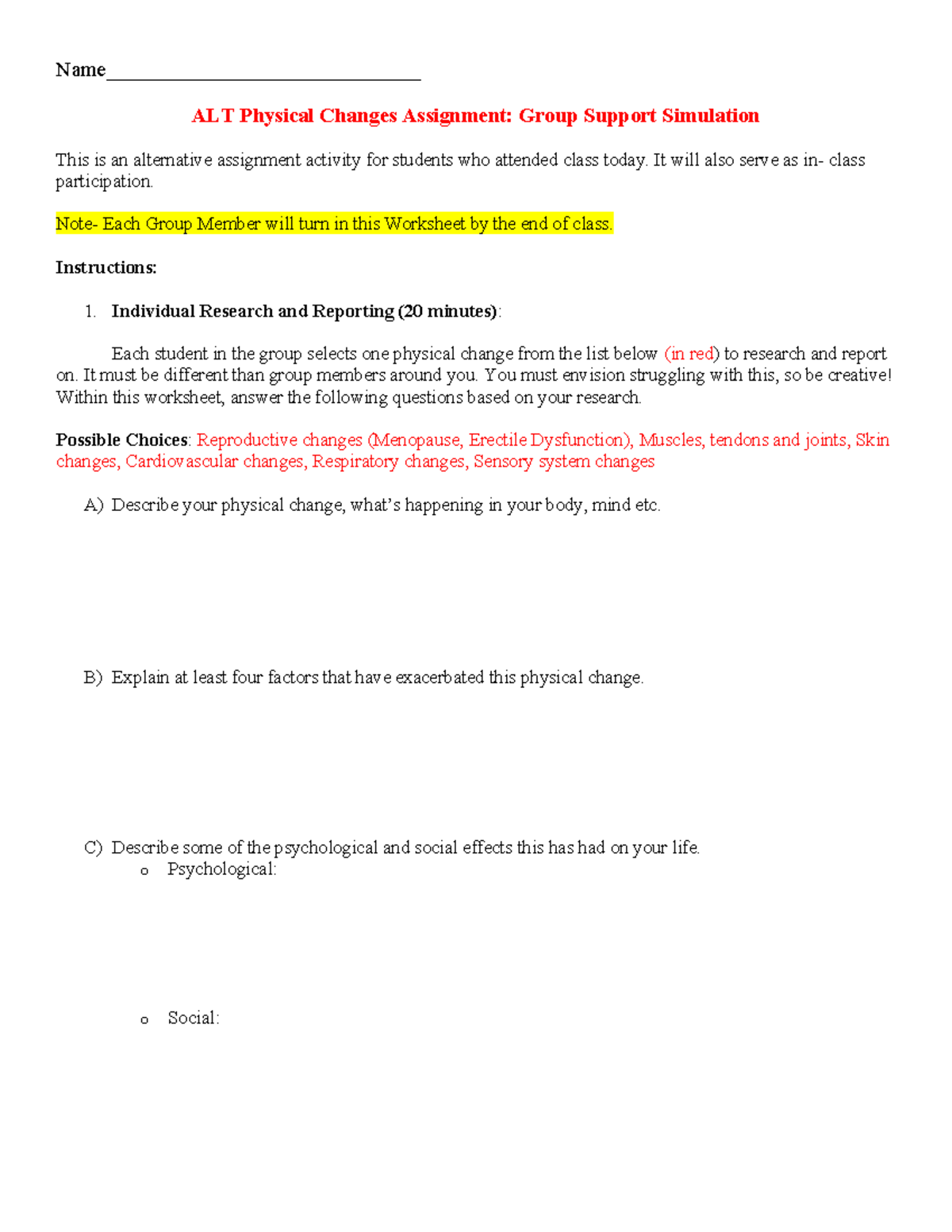 ALT Physical Changes Group Therapy Activity - Name ...