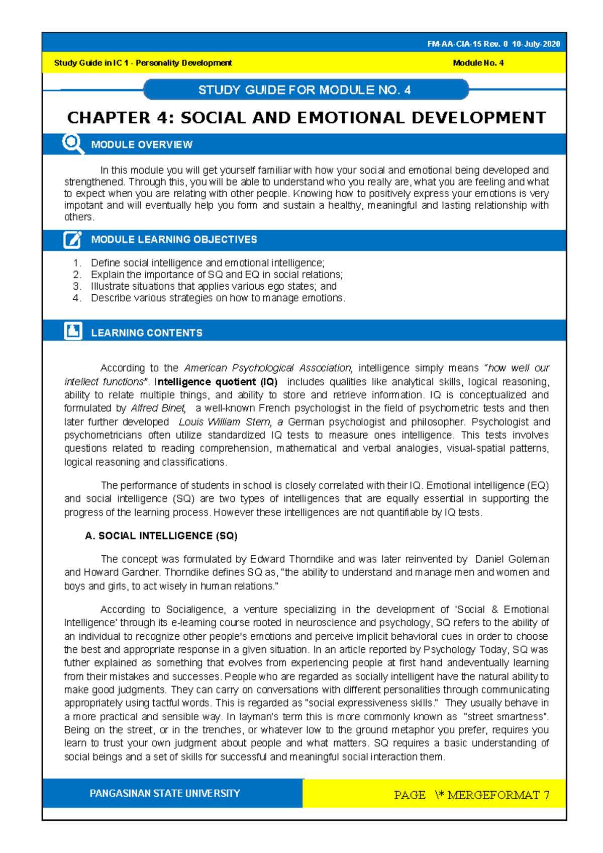 GEC10 Study Guide: Module 4 - Social and Emotional Development - Studocu