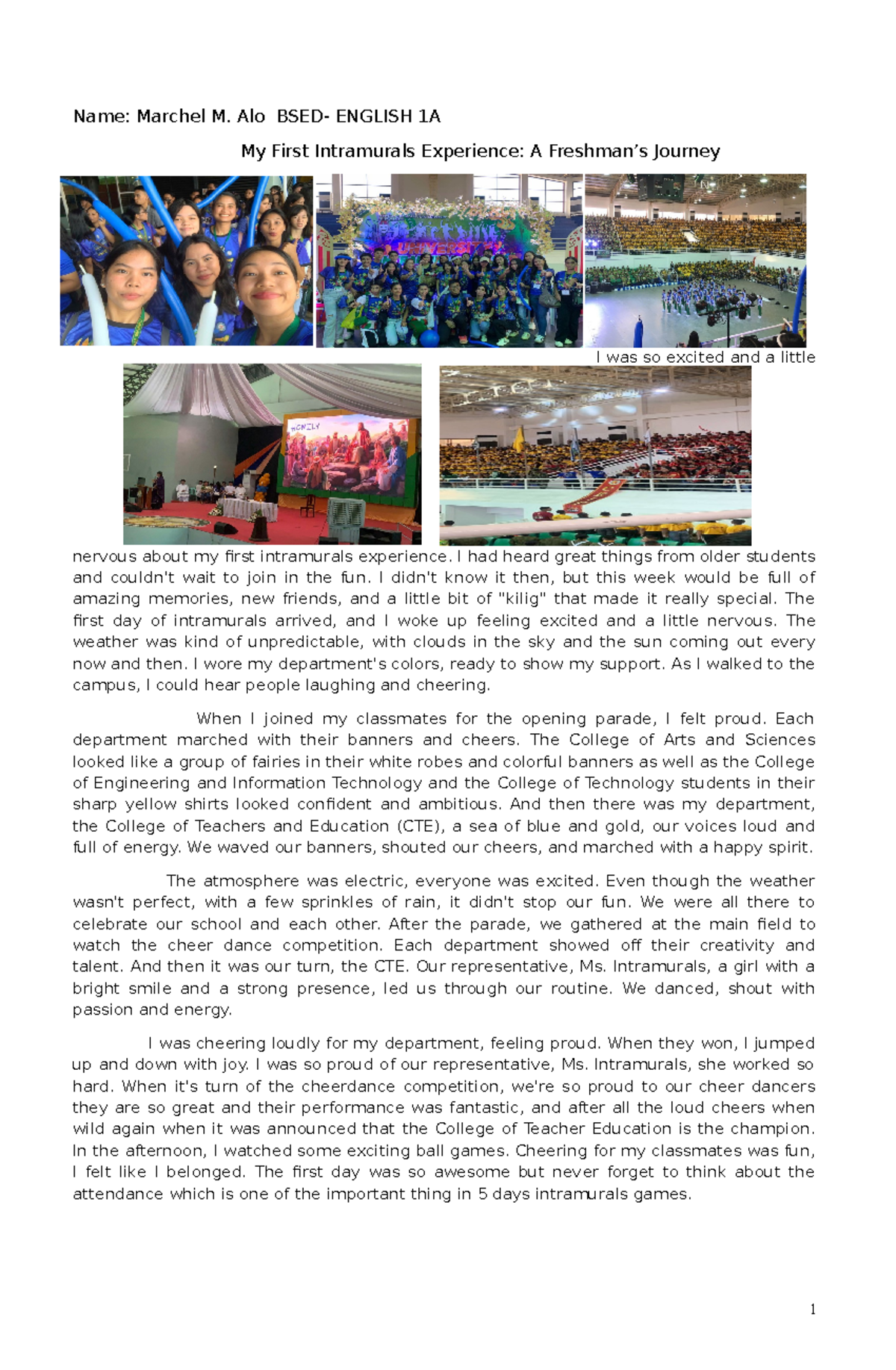BSED-ENGLISH 1A Narrative Essay: My Exciting First Intramurals ...