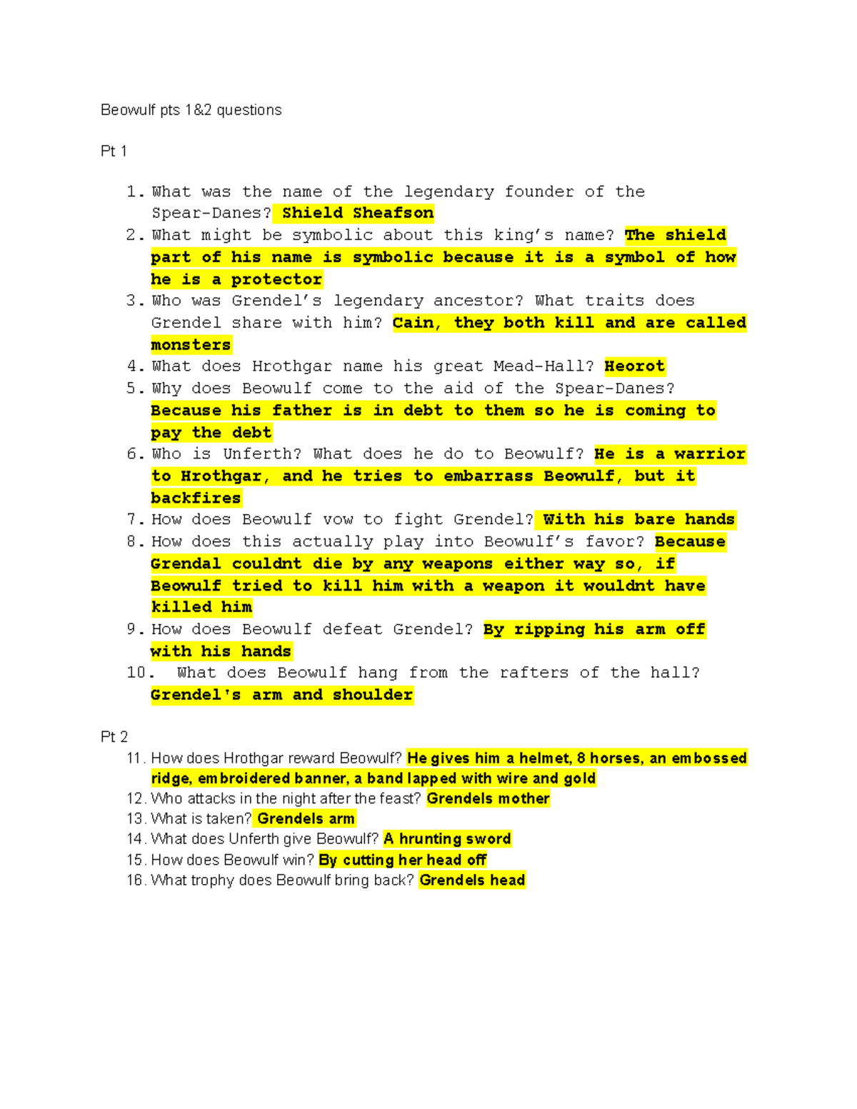 Beowulf Pts 1 & 2: Key Questions and Symbolism Analysis - Studocu