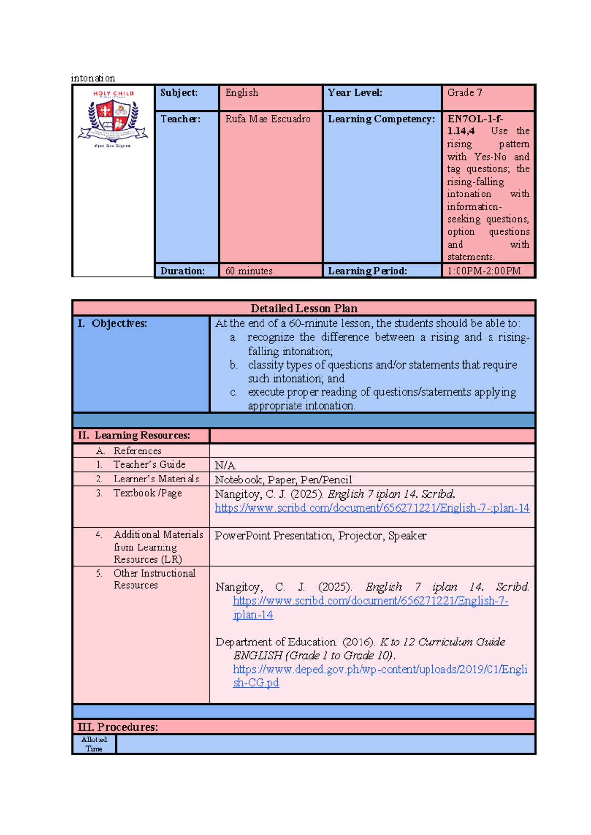 Grade 7 English Lesson Plan: Mastering Intonation Patterns - Studocu