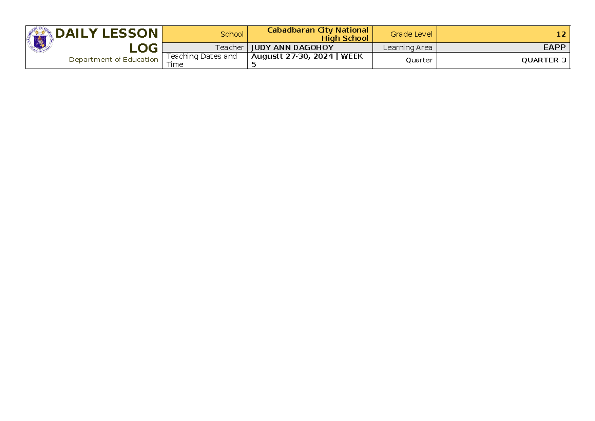 EAPP 12 Q3 WEEK 5 - Comprehensive Lesson Flow and Objectives - Studocu