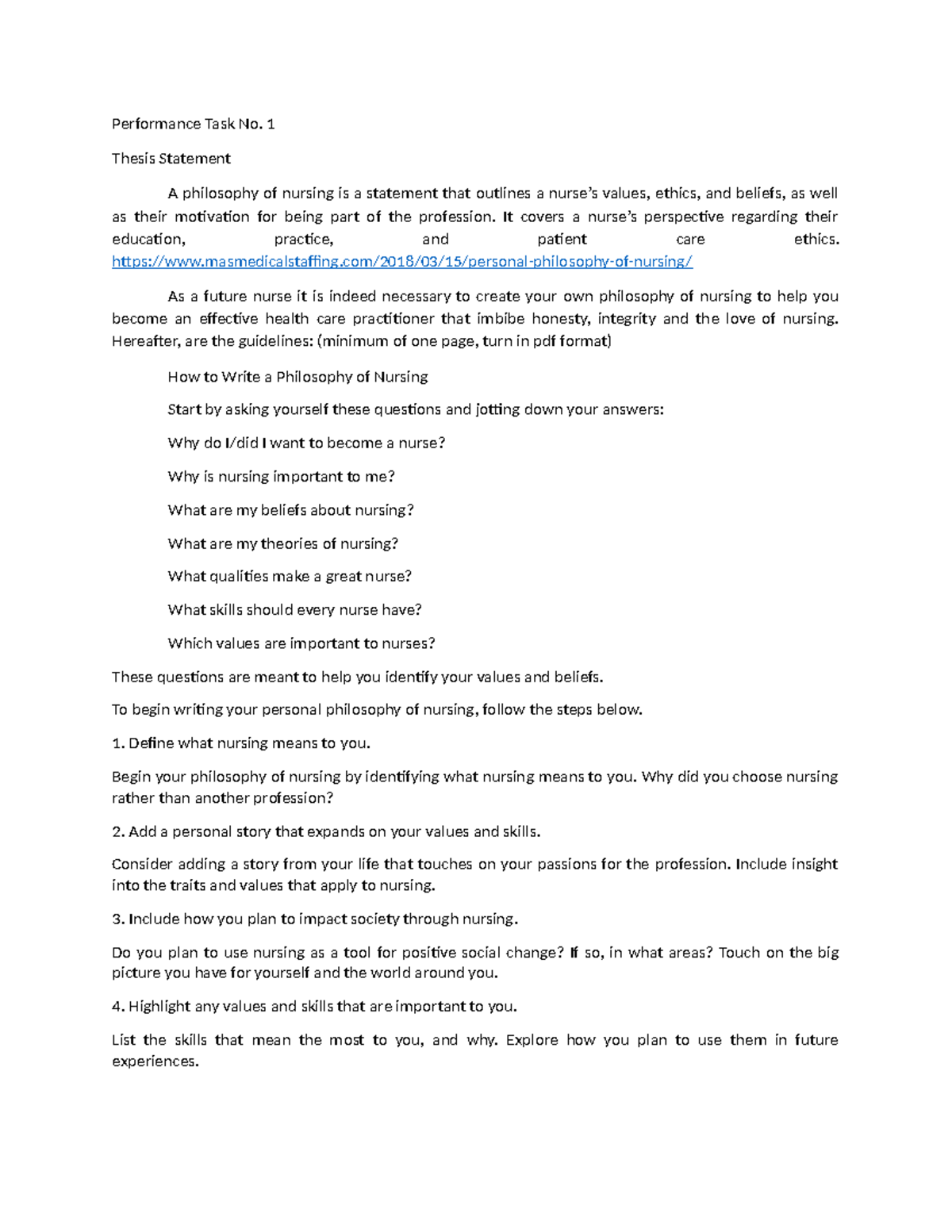 Performance task No. 1: Writing your personal philosophy of nursing ...