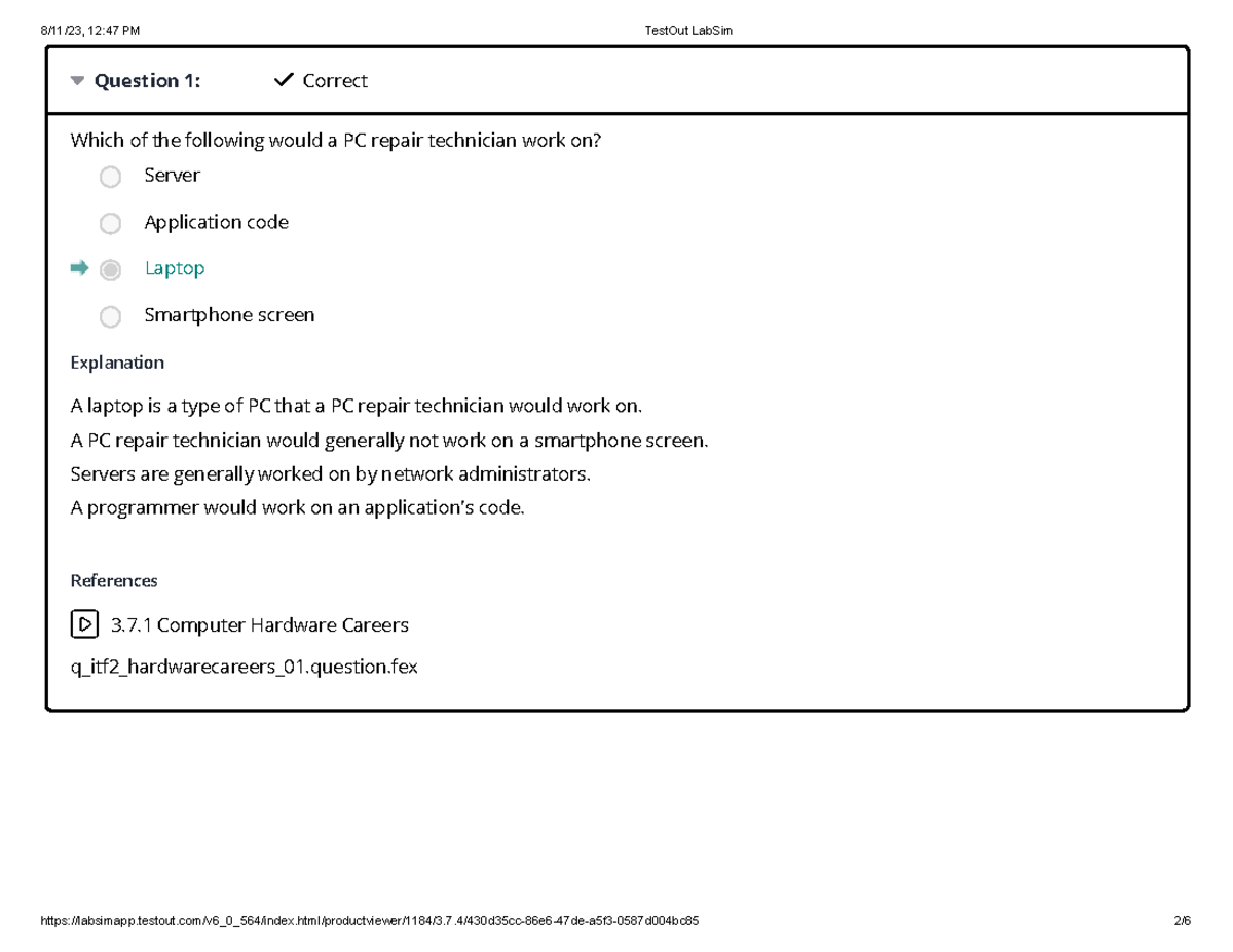 TestOut Quiz on Chapter 3.7.4: PC Technician Careers & Skills - Studocu