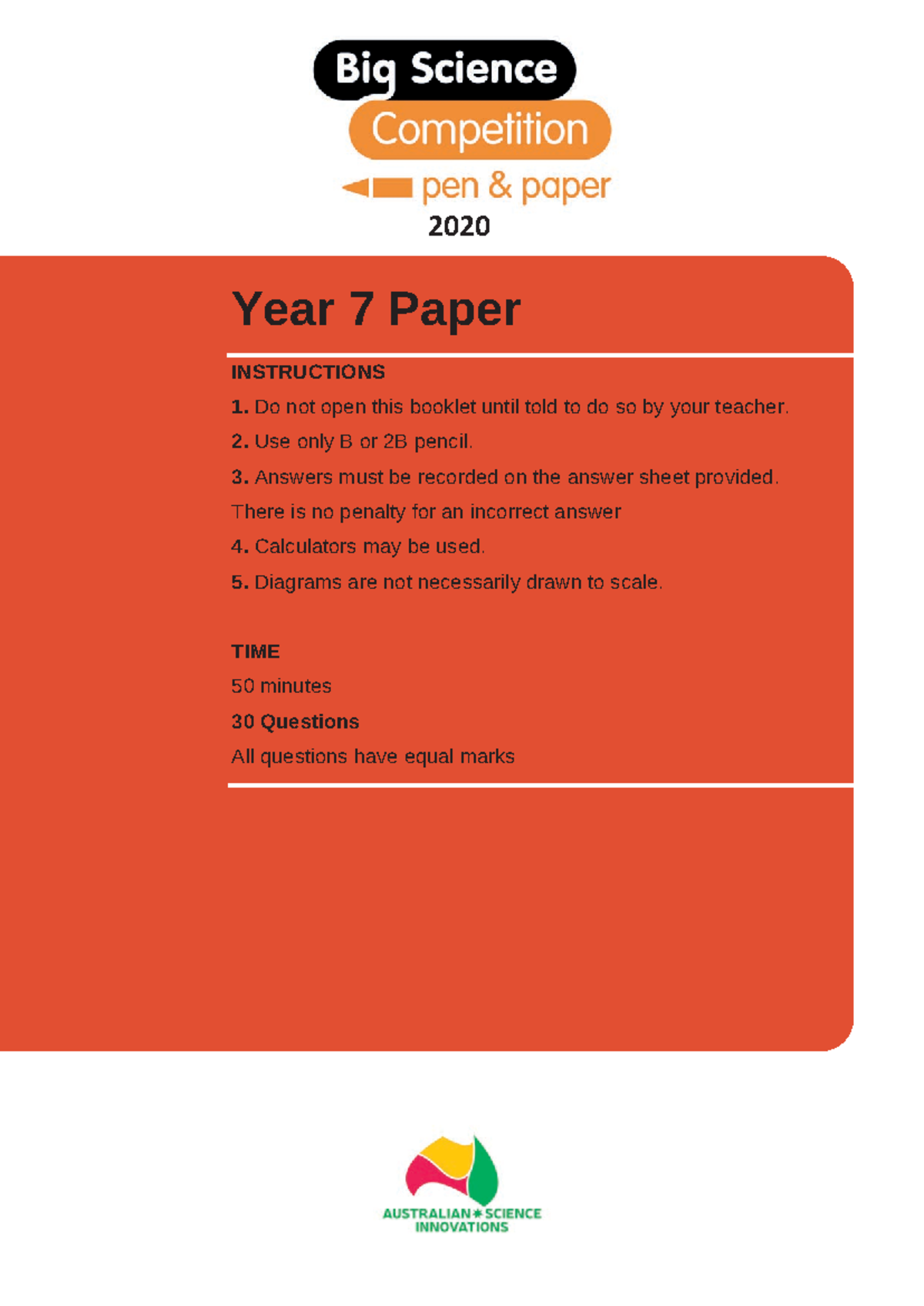 Year 7 Big Science Competition 2020 Paper and Answers - Studocu