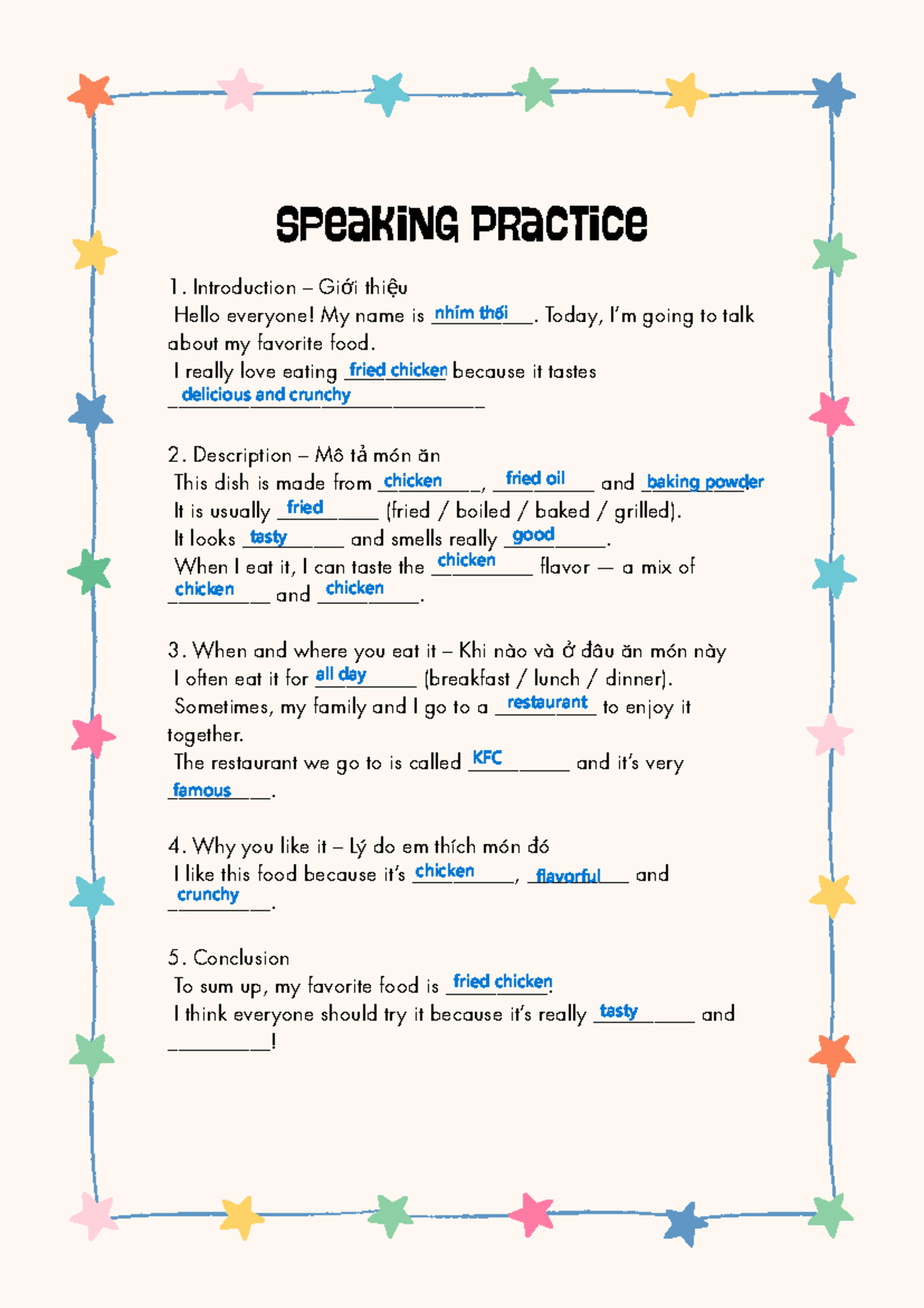 Food Speaking Practice 1: My Favorite Dish - Fried Chicken - Studocu