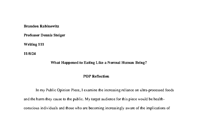 POP Reflection: The Impact of Processed Foods on Health - Studocu