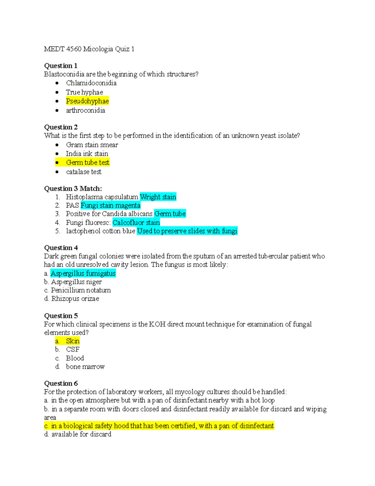 MEDT 4560 Quiz 1: Insights on Mycology and Fungal Identification - Studocu