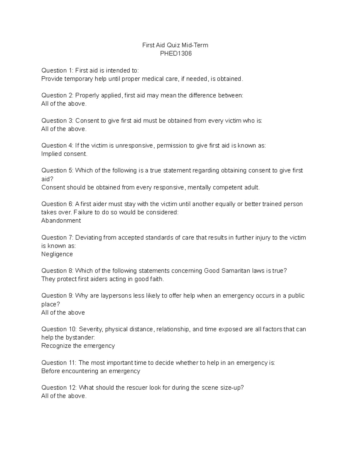 First Aid PHED Mid-Term Quiz Study Questions and Answers - Studocu