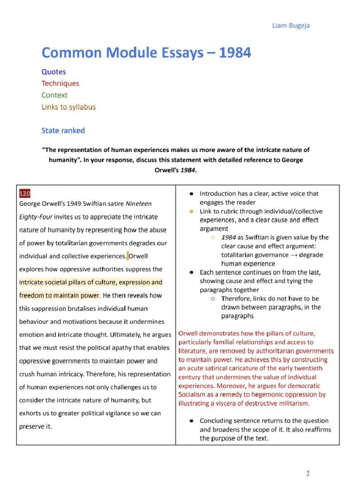 HSC Common Module 1984 Essay: The Dual Nature of Human Experience - Studocu