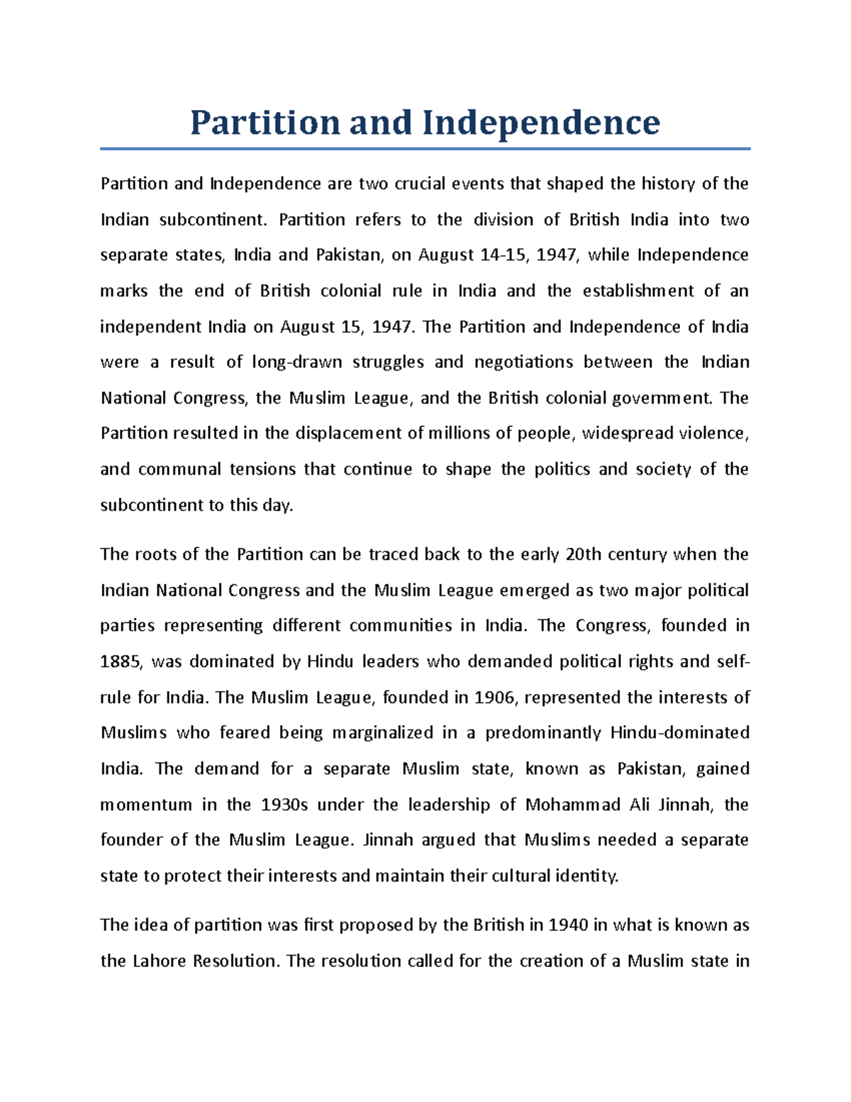 Partition and Independence of India: Impact and Legacy - Studocu