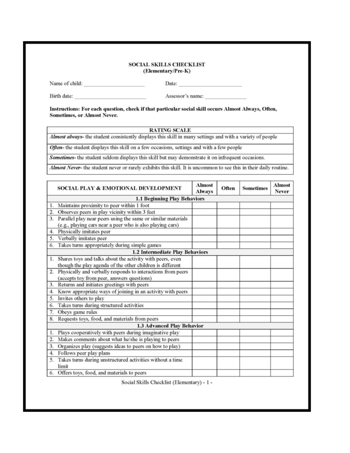 256321796 social skills checklist elementary - Psicologia - Studocu