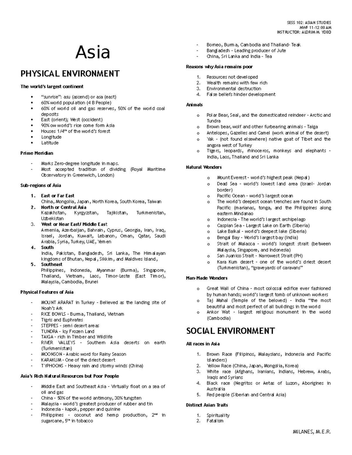 SESS 102: Final Exam Notes on Social and Physical Aspects of Asia - Studocu