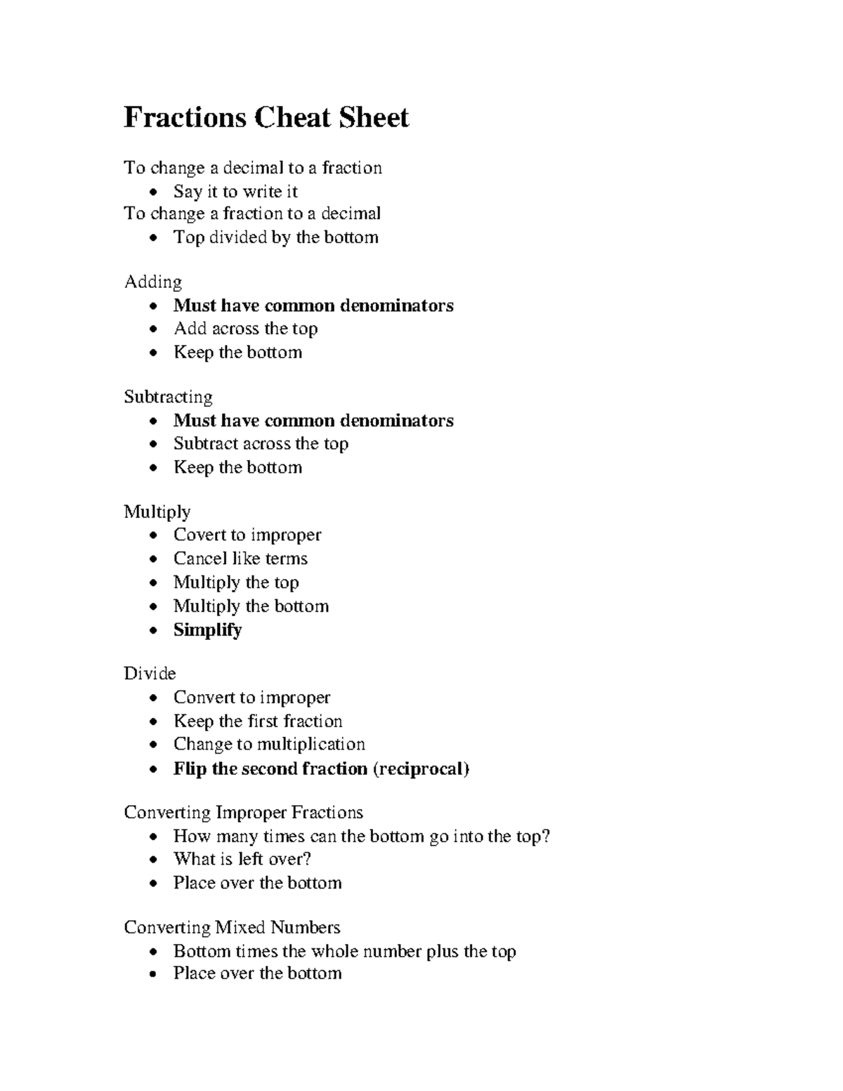 Fractions Cheat Sheet - Studocu
