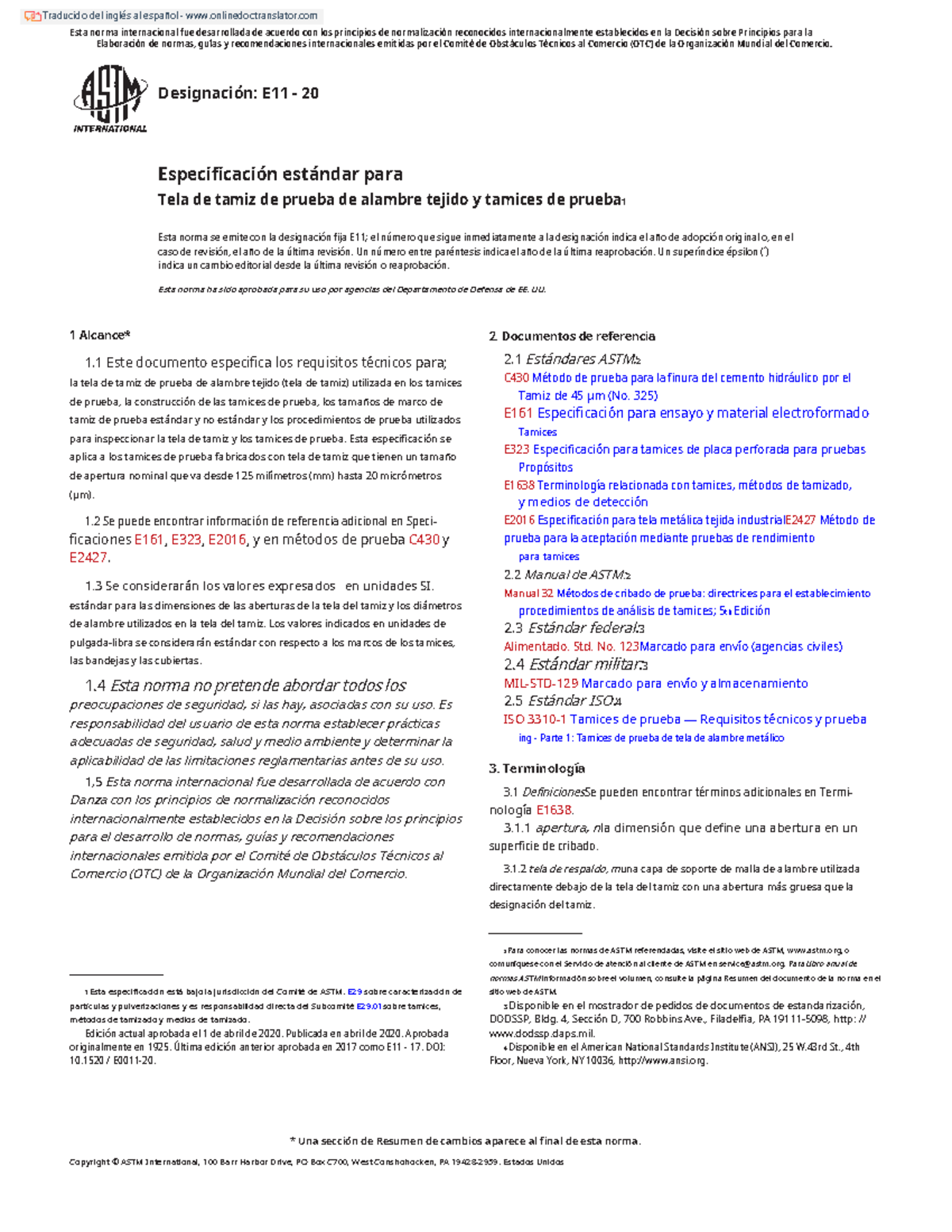 Especificación Estándar ASTM E11 - 20 para Tela de Tamiz de Prueba - Studocu