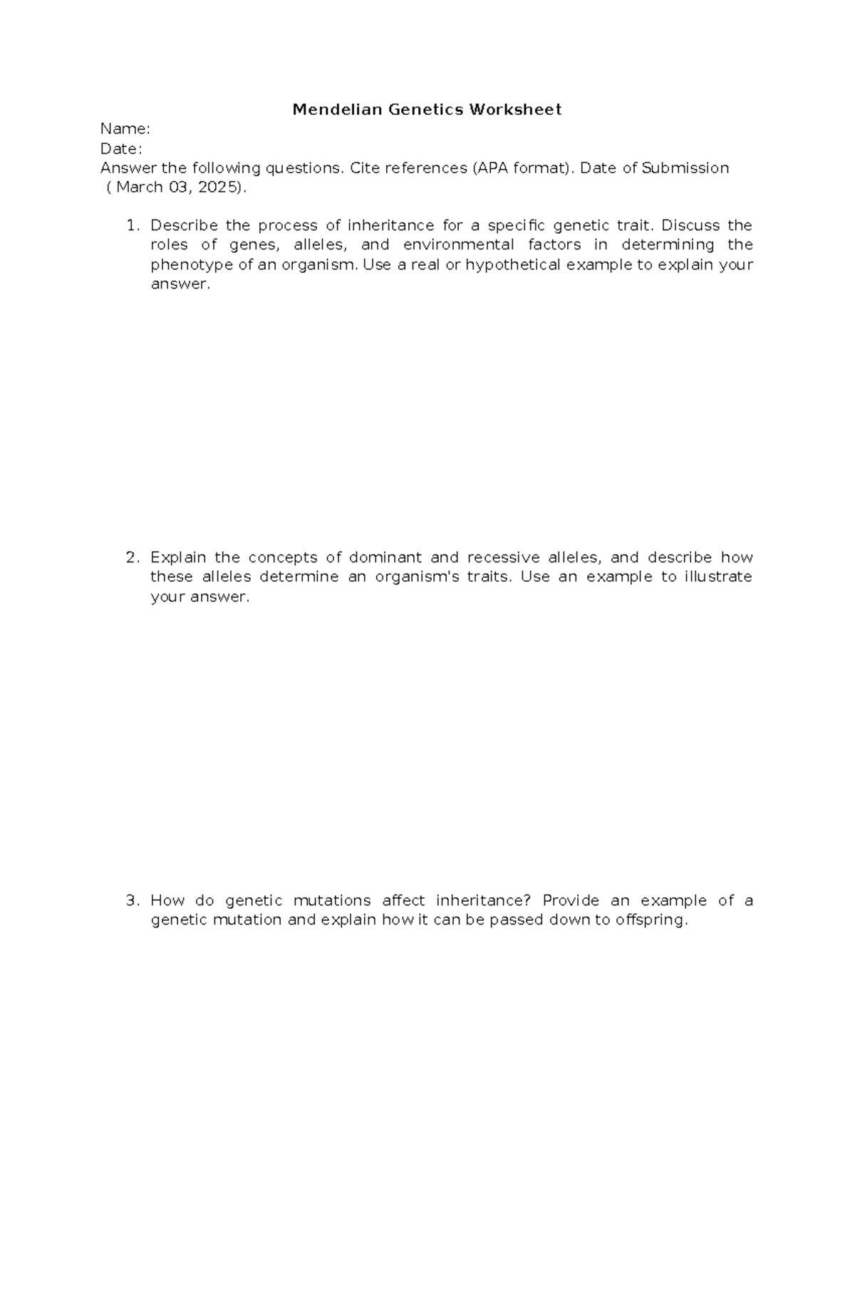 Mendelian Genetics Worksheet - Mendelian Genetics Worksheet Name: Date ...