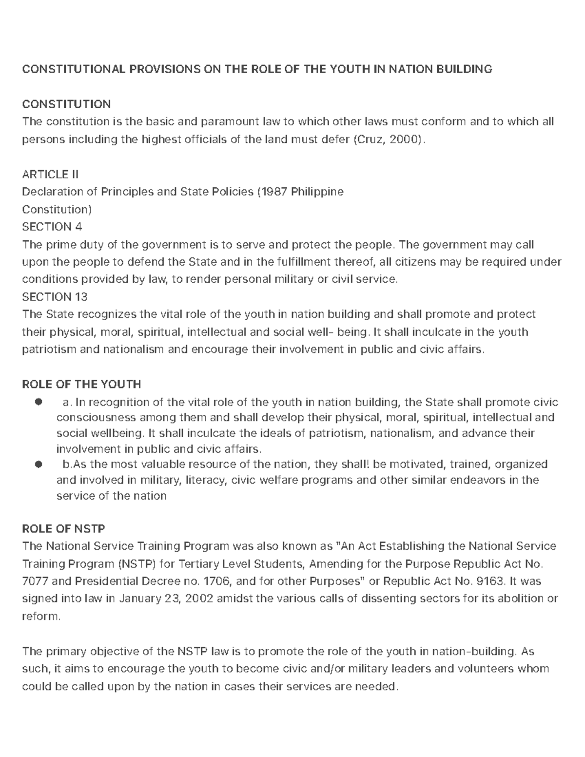 Constitutional Provisions on the Youth's Role in Nation Building - Studocu