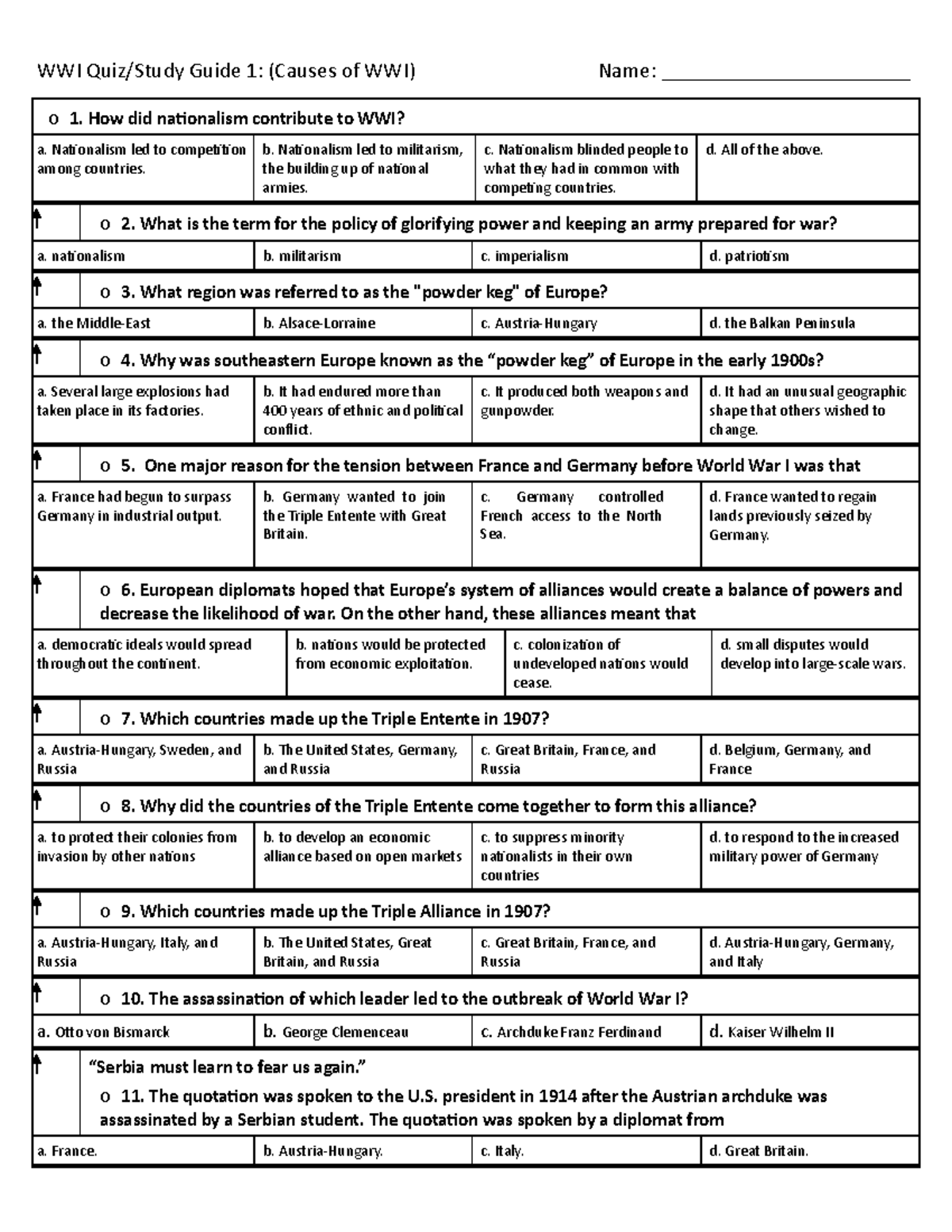 WWI Multiple Choice Practice Exam - WWI Quiz/Study Guide 1: (Causes of ...
