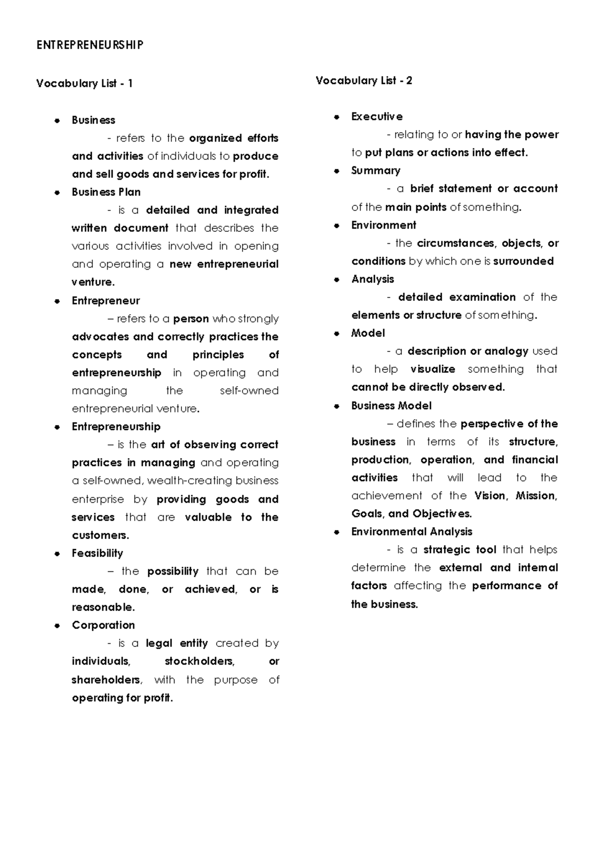 Entrepreneurship - ENTREPRENEURSHIP Vocabulary List - 1 Business ...