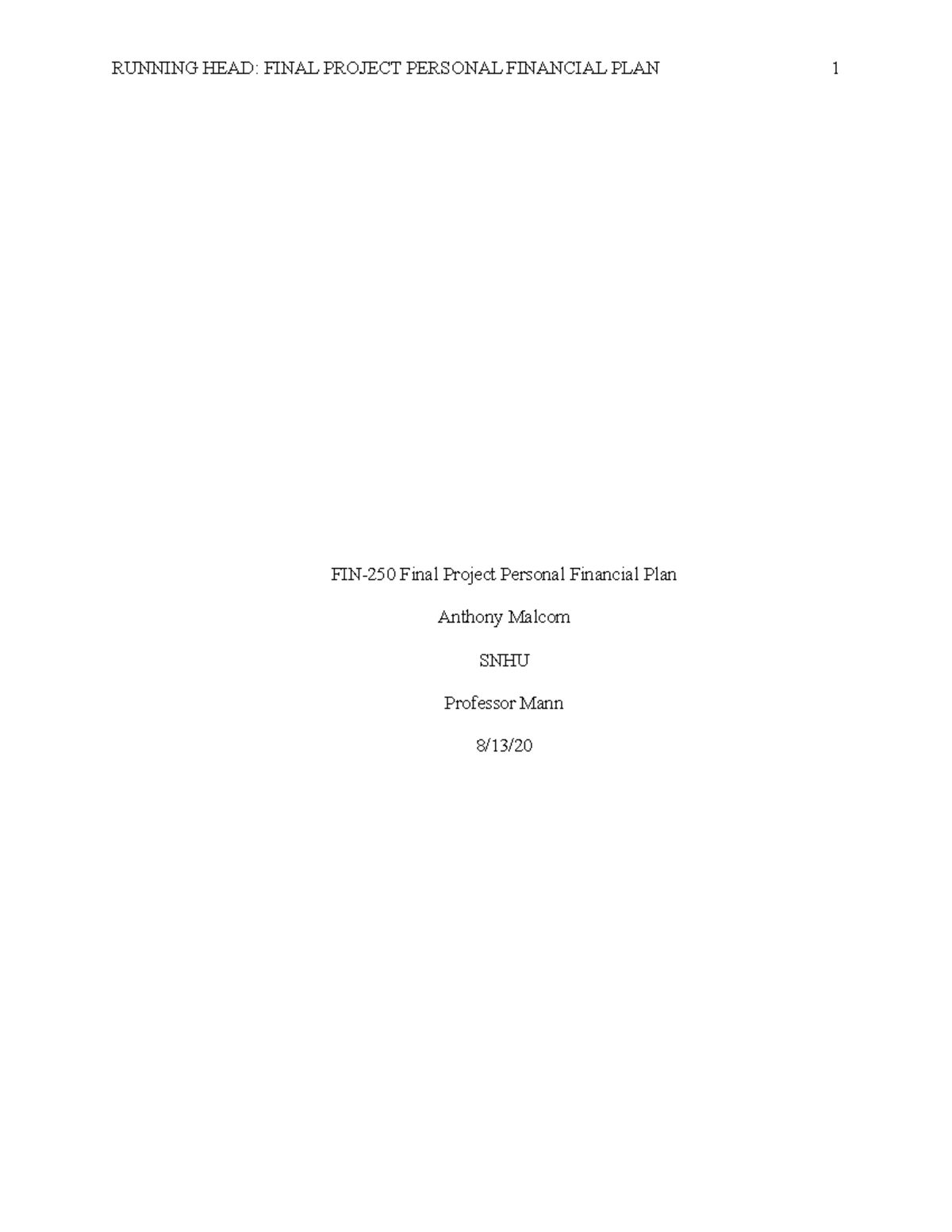 Final Project: Personal Financial Plan - FIN-250 Insights and ...