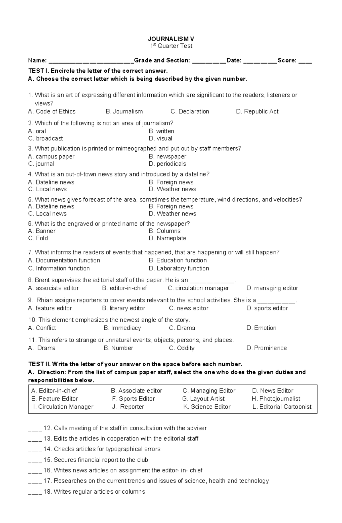 1st Grading Test in Journalism SPJ - Study Questions and Answers - Studocu