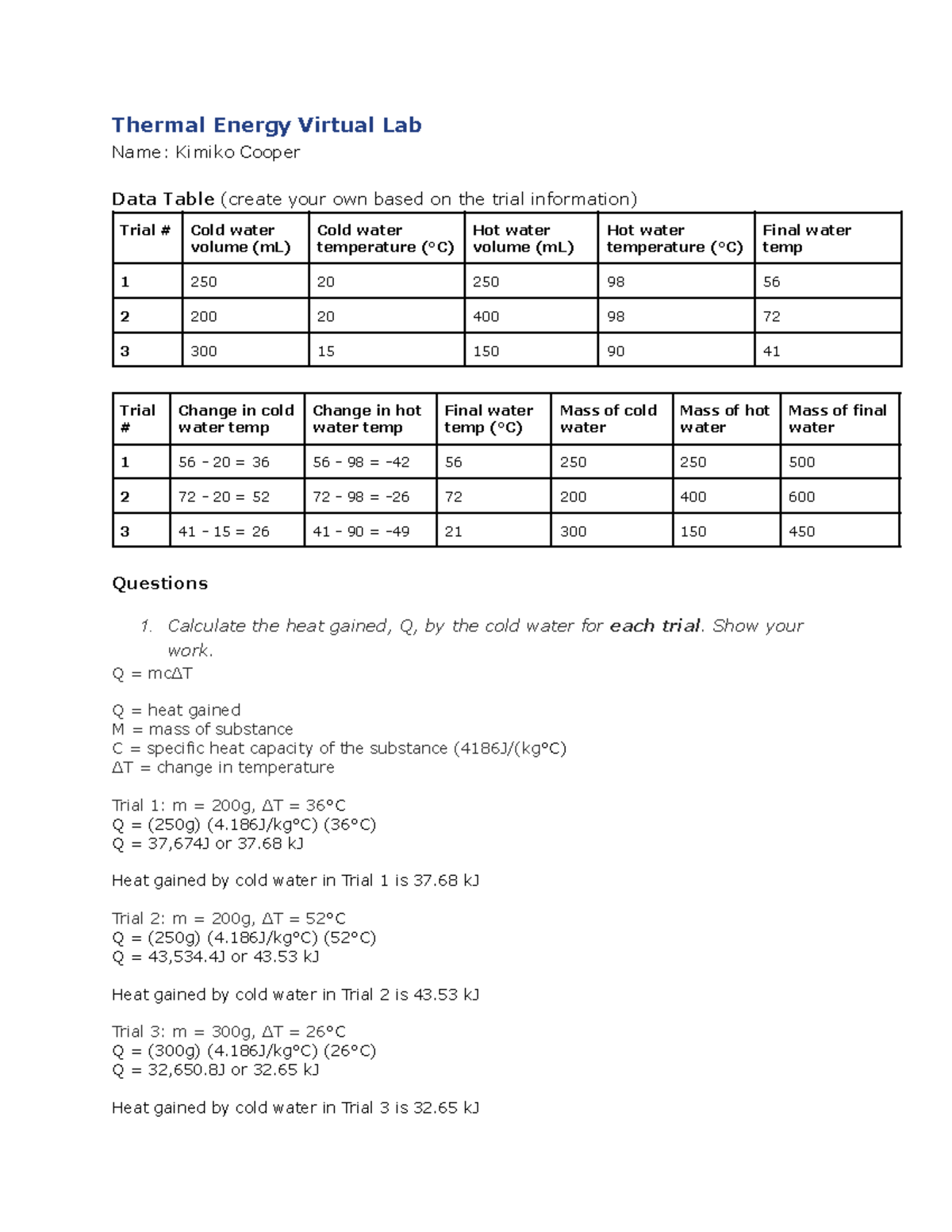 06.04 Thermal Energy Lab Report and Q Calculations - Studocu