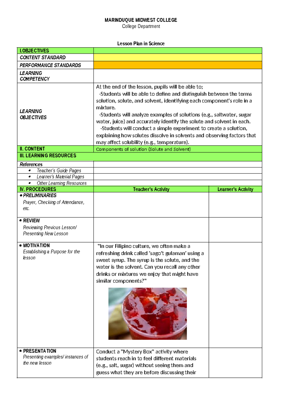 Lesson Plan on Components of Solution: Solute & Solvent (Science) - Studocu