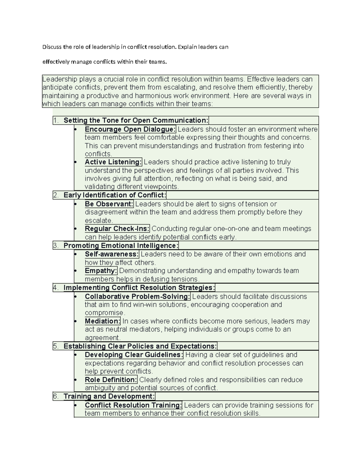 Leadership Strategies for Conflict Resolution - Answers 2 - Studocu