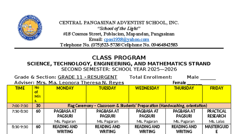SHS Schedule - GRADE 11 STEM Class Program for 2nd Sem - Studocu