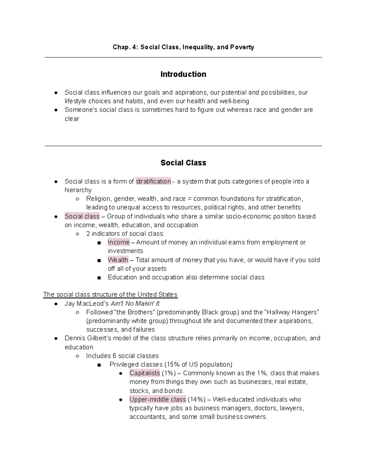 Chapter 4 Notes: Social Class, Inequality, and Poverty Overview - Studocu